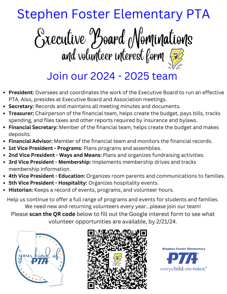 Join our 2024 – 2025 PTA team! | Stephen Foster Elementary PTA