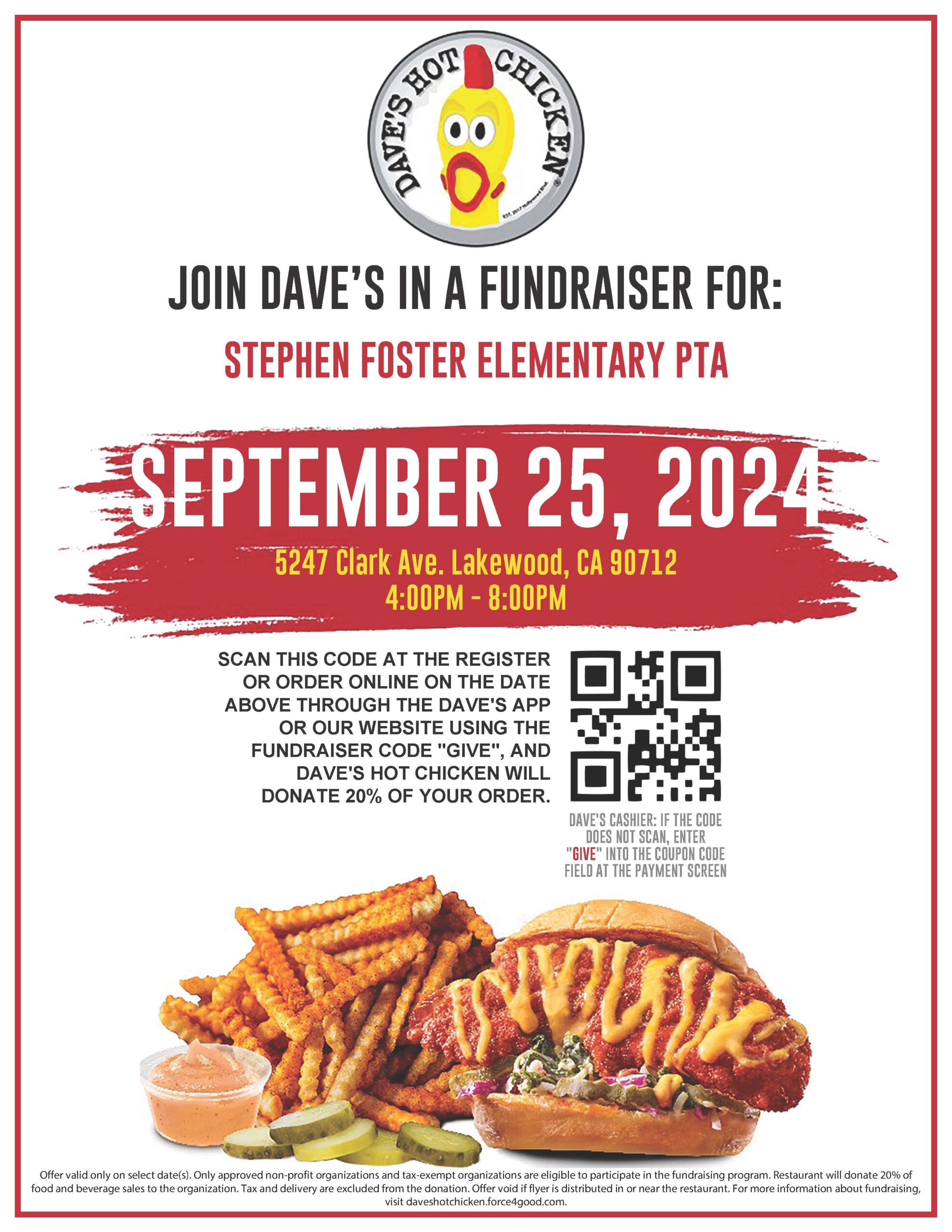 Dave’s Hot Chicken Fundraiser on 9/25 | Stephen Foster Elementary PTA
